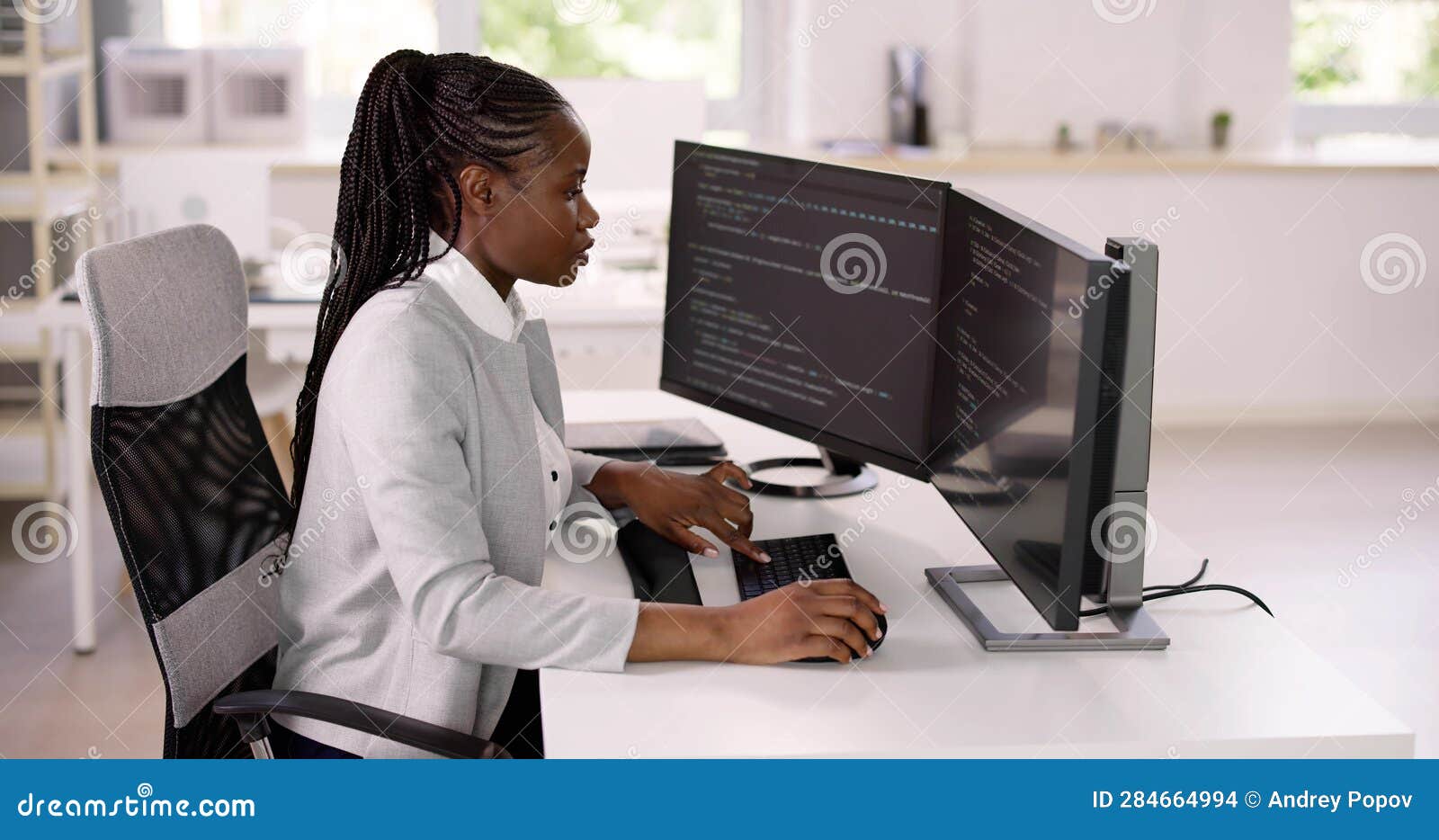African American Coder Using Computer at Desk Stock Photo - Image of monitor, multiple: 284664994