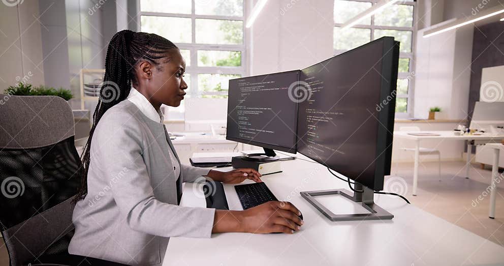 African American Coder Using Computer at Desk Stock Image - Image of ...