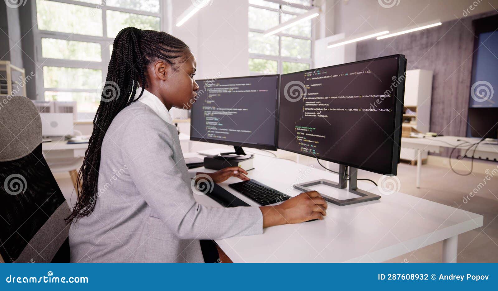 African American Coder Using Computer at Desk Stock Photo - Image of ...