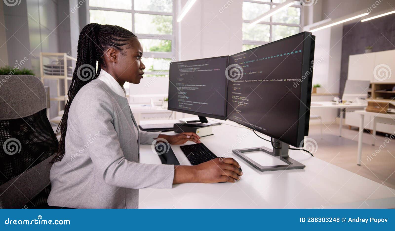 African American Coder Using Computer at Desk Stock Photo - Image of coding, monitor: 288303248