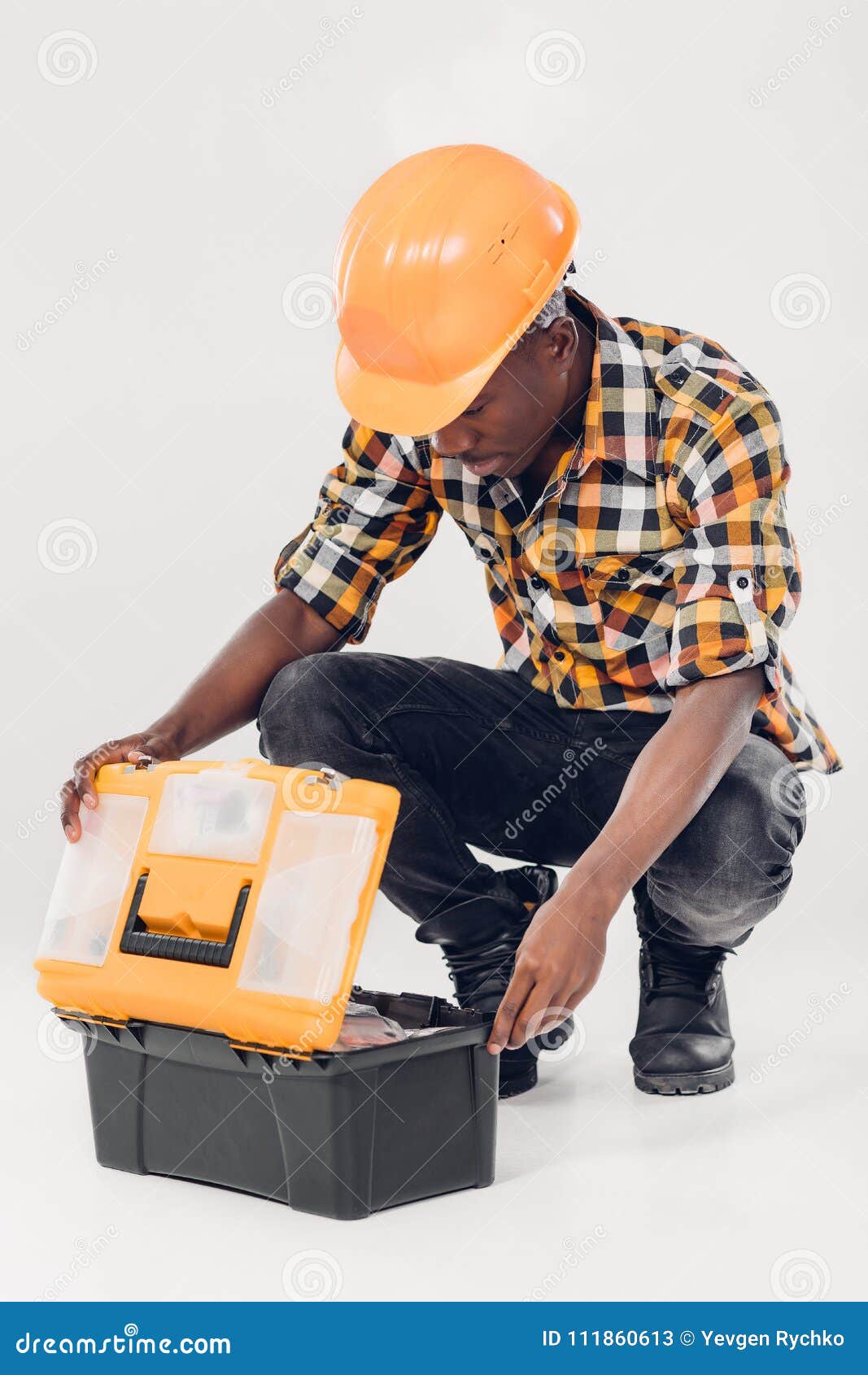 African American Worker with Tool Box Stock Image - Image of helmet ...