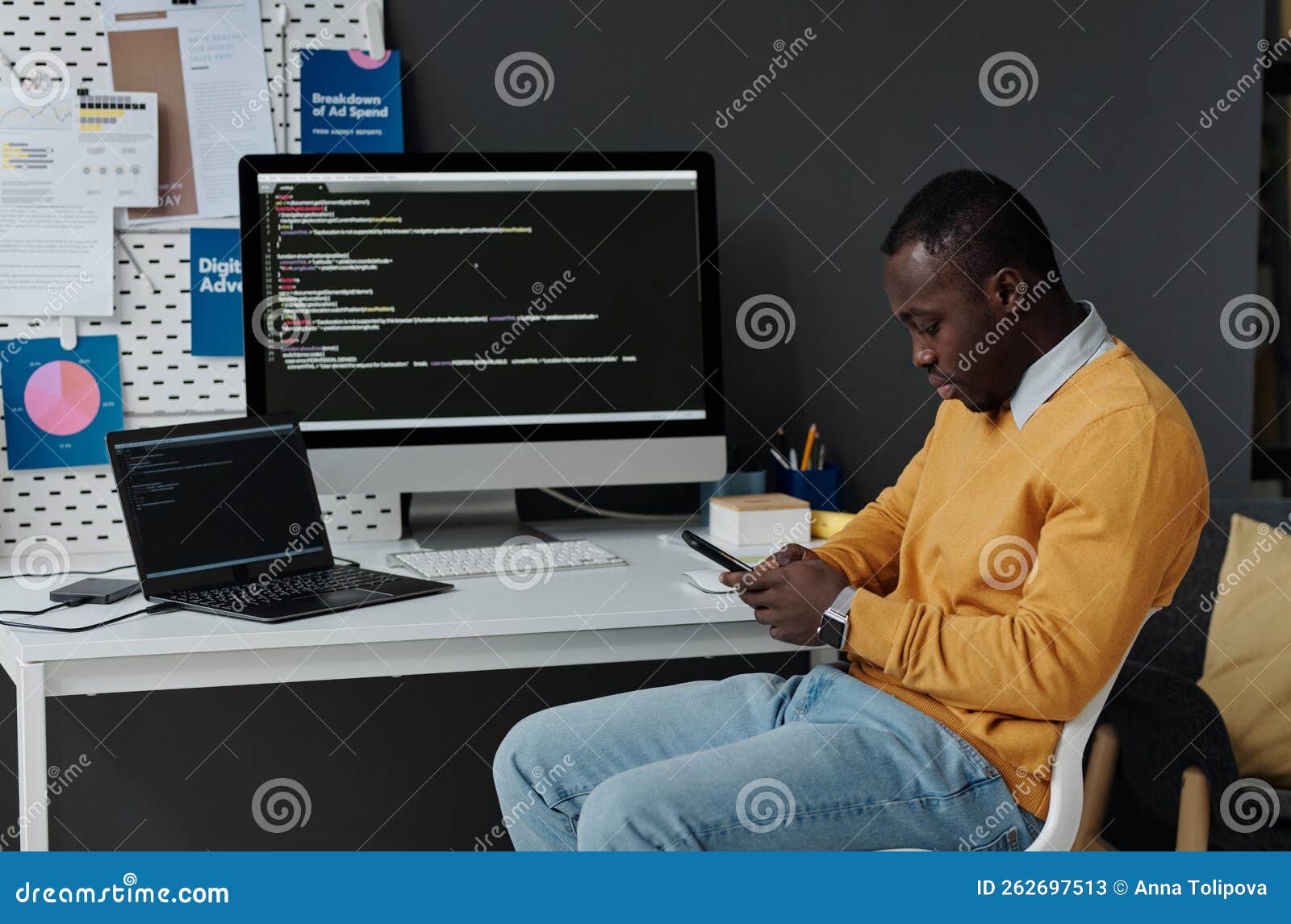 African American Developer Using Smartphone at Office Stock Image - Image of internet ...