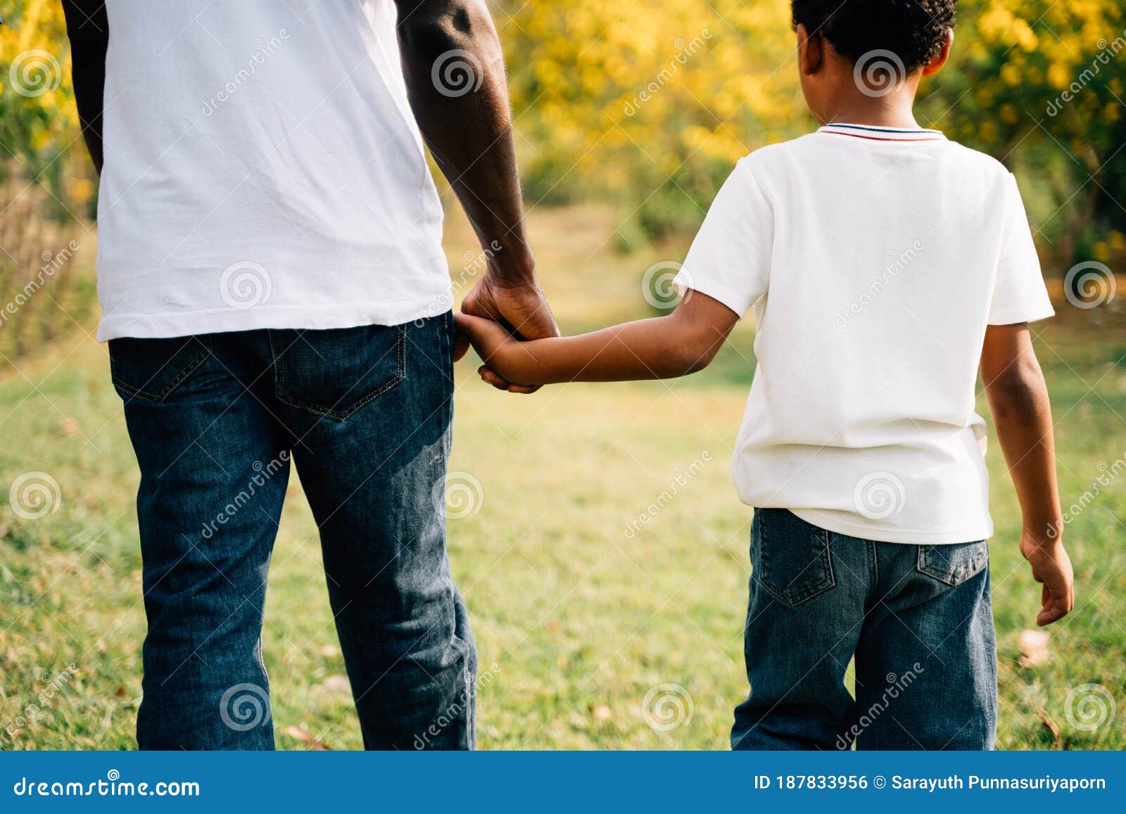 African American Father And Son Holding Hands In The Outdoor Park