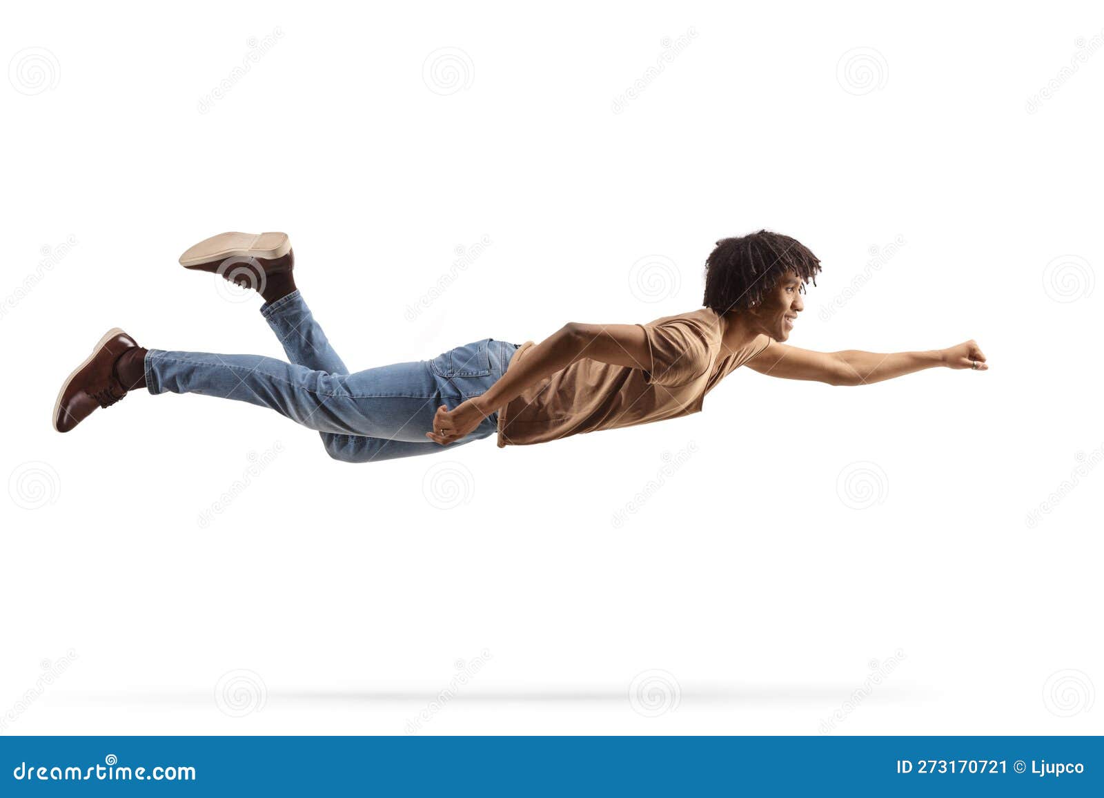 African American Guy Flying with Arm Forward Stock Image - Image of ...