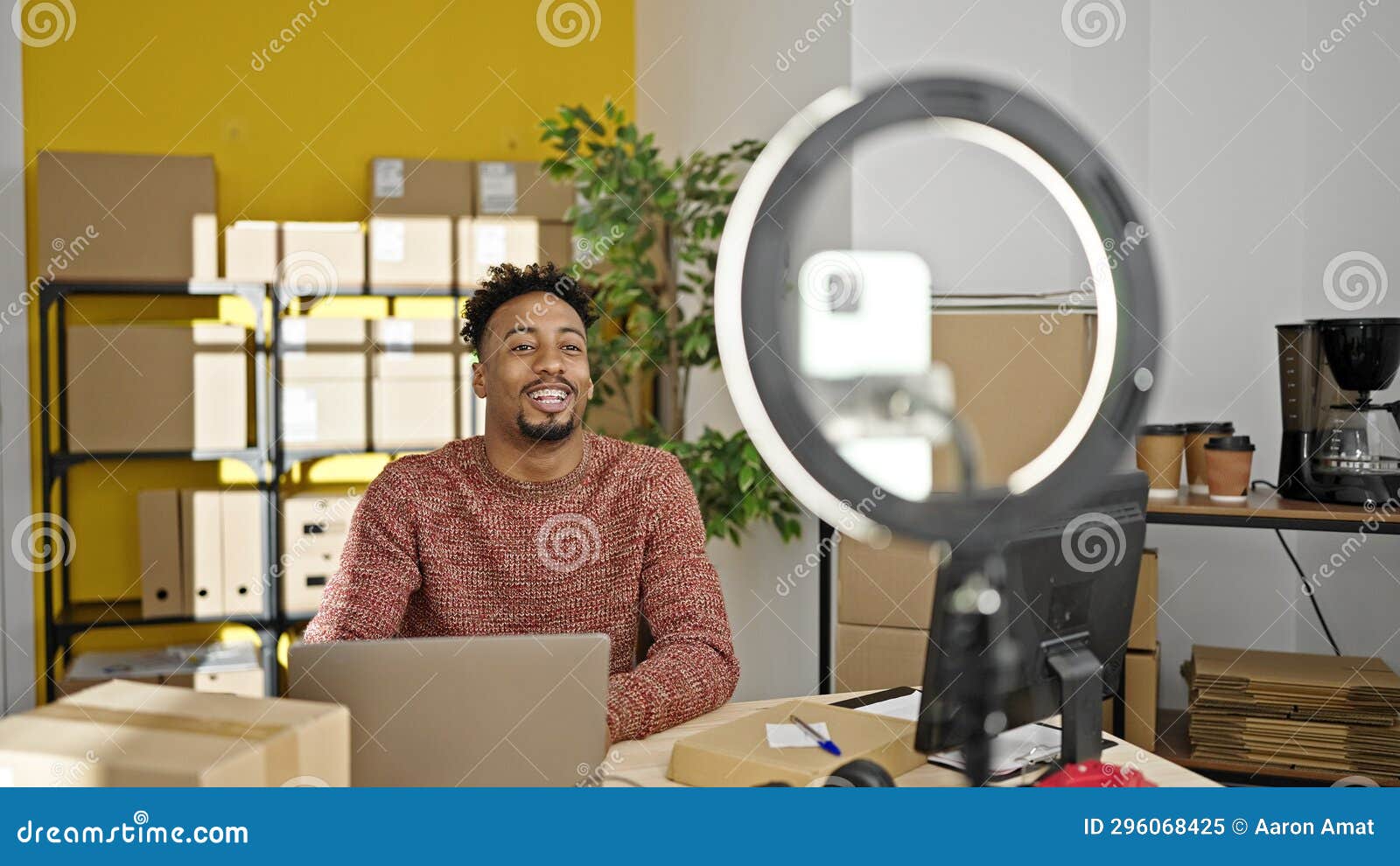 African American Man Ecommerce Business Worker Recording Video Tutorial ...