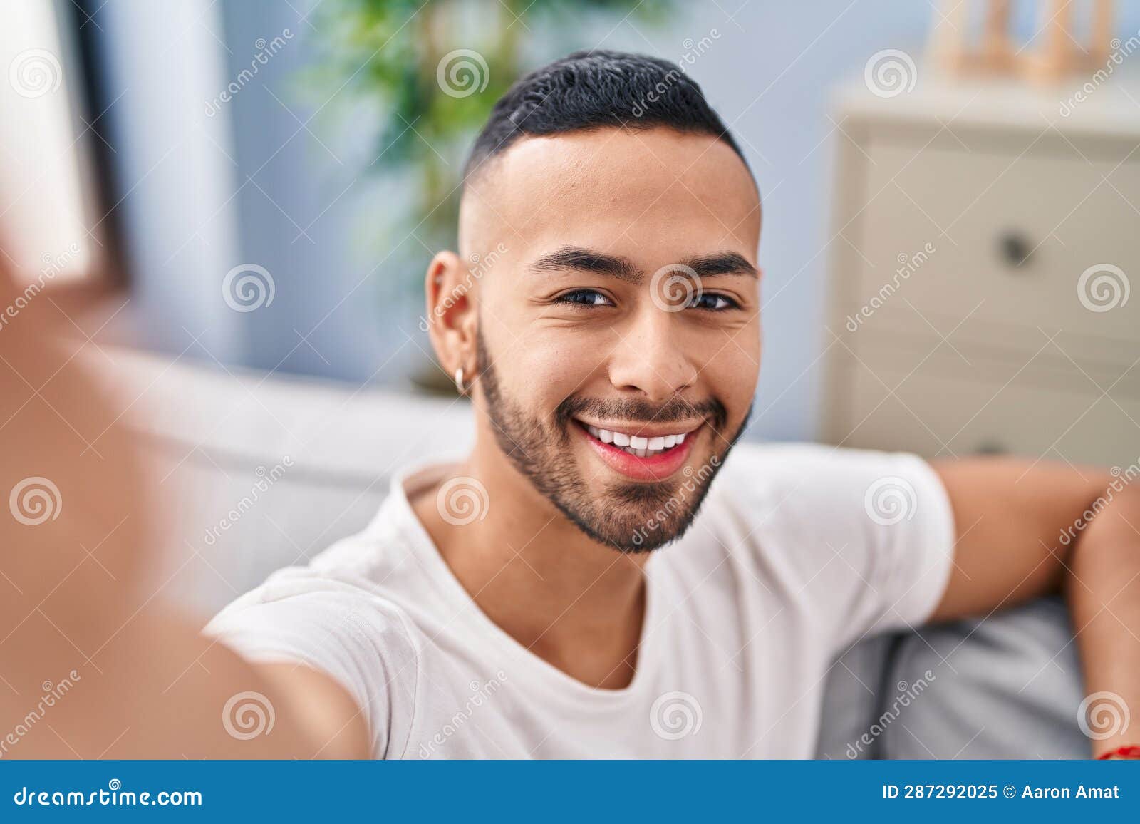 African American Man Make Selfie by Camera Sitting on Sofa at Home ...