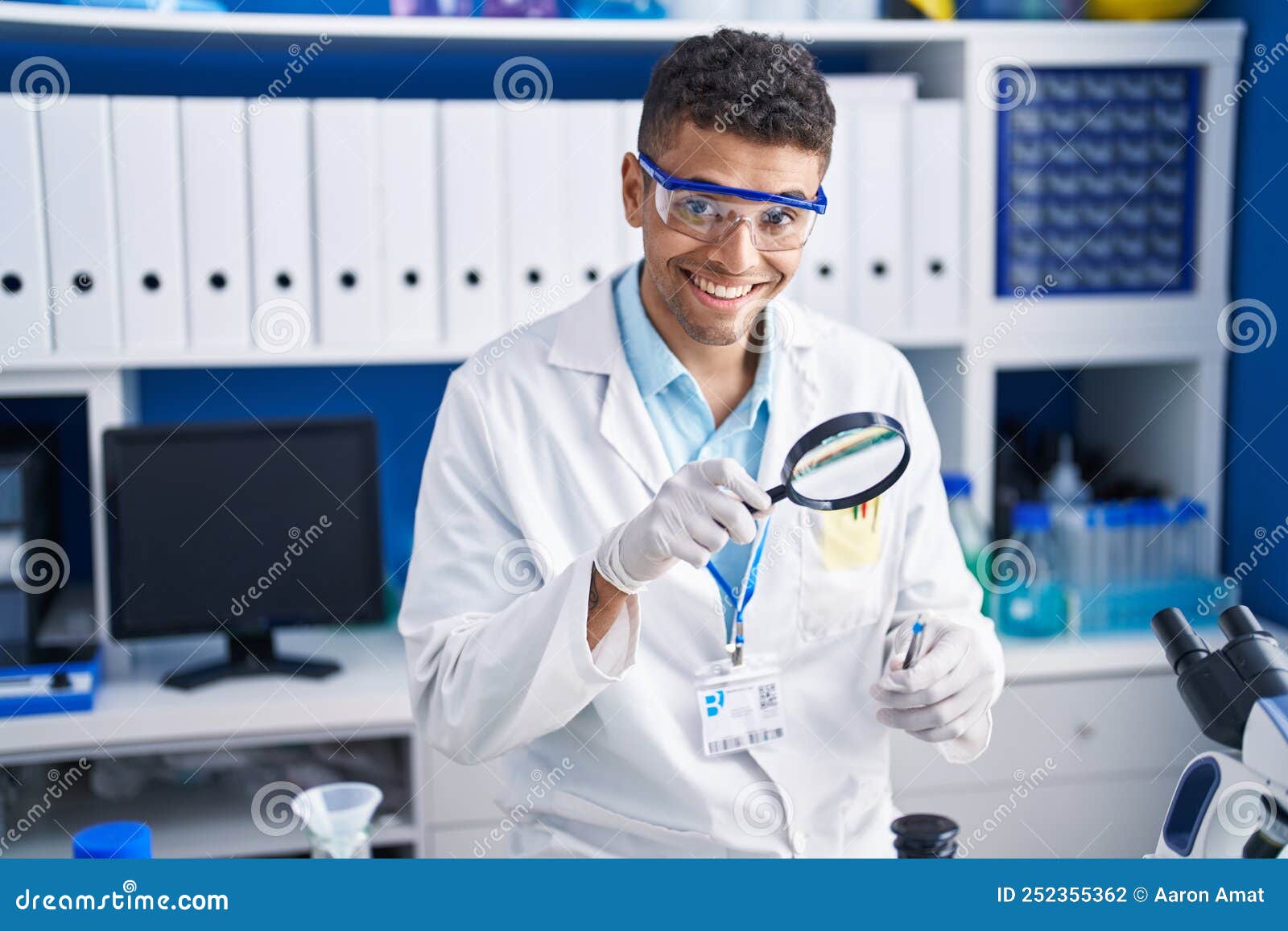 African American Man Scientist Using Magnifying Glass Working at ...