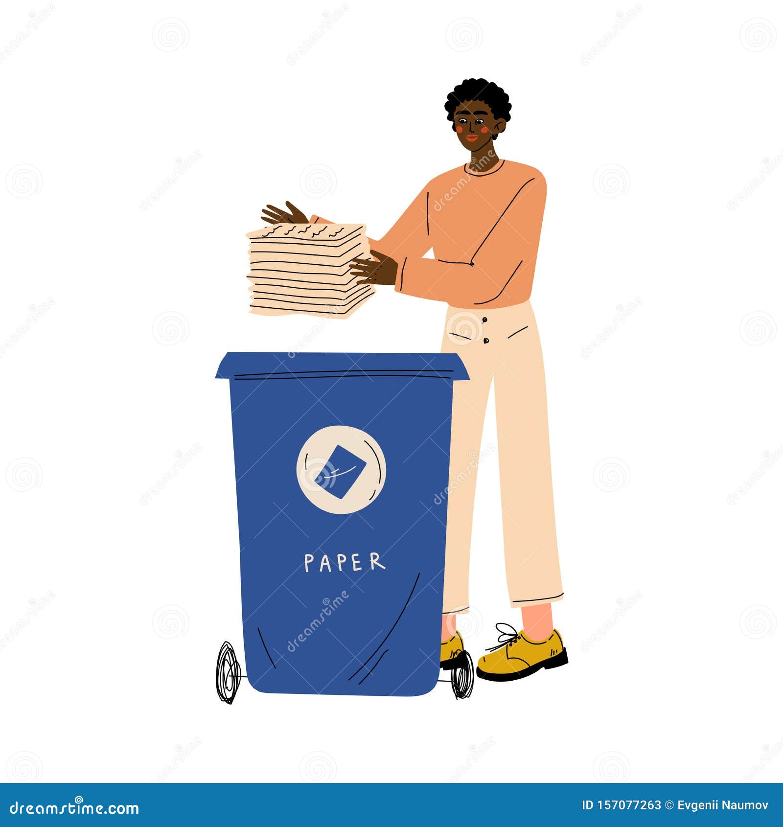 Paper Waste Or Trash Recycle Concept. Janitor Character With Trolley Of ...