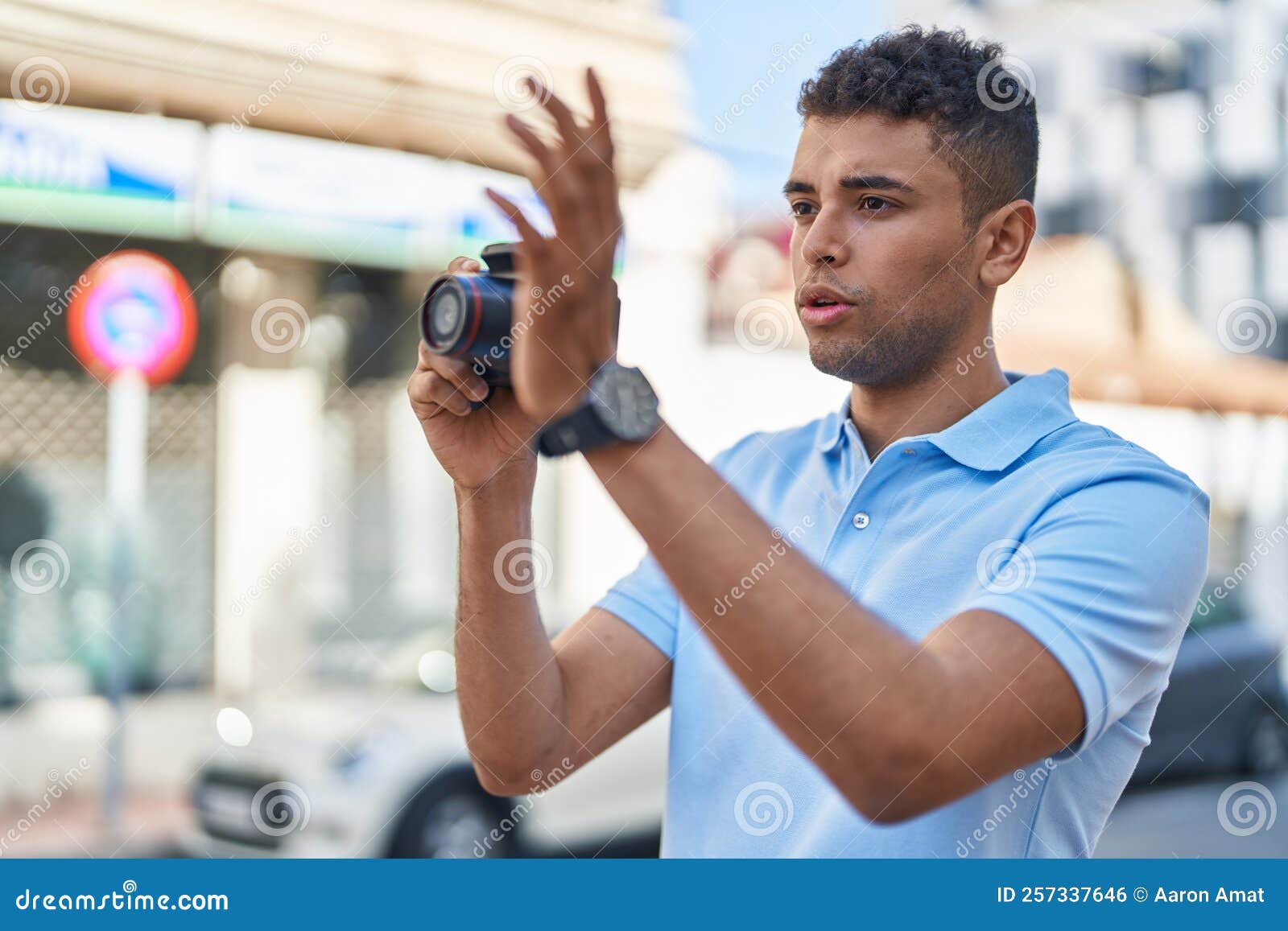 African American Man Using Professional Camera at Street Stock Photo ...