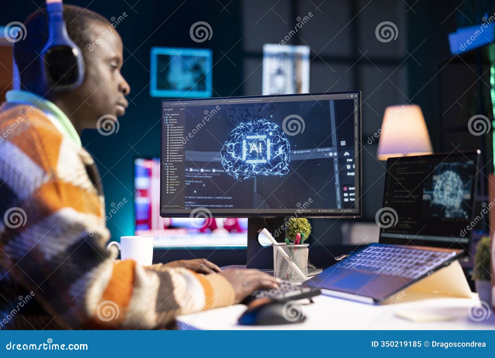 African American Man Working on Computer To Write Code and Programming ...