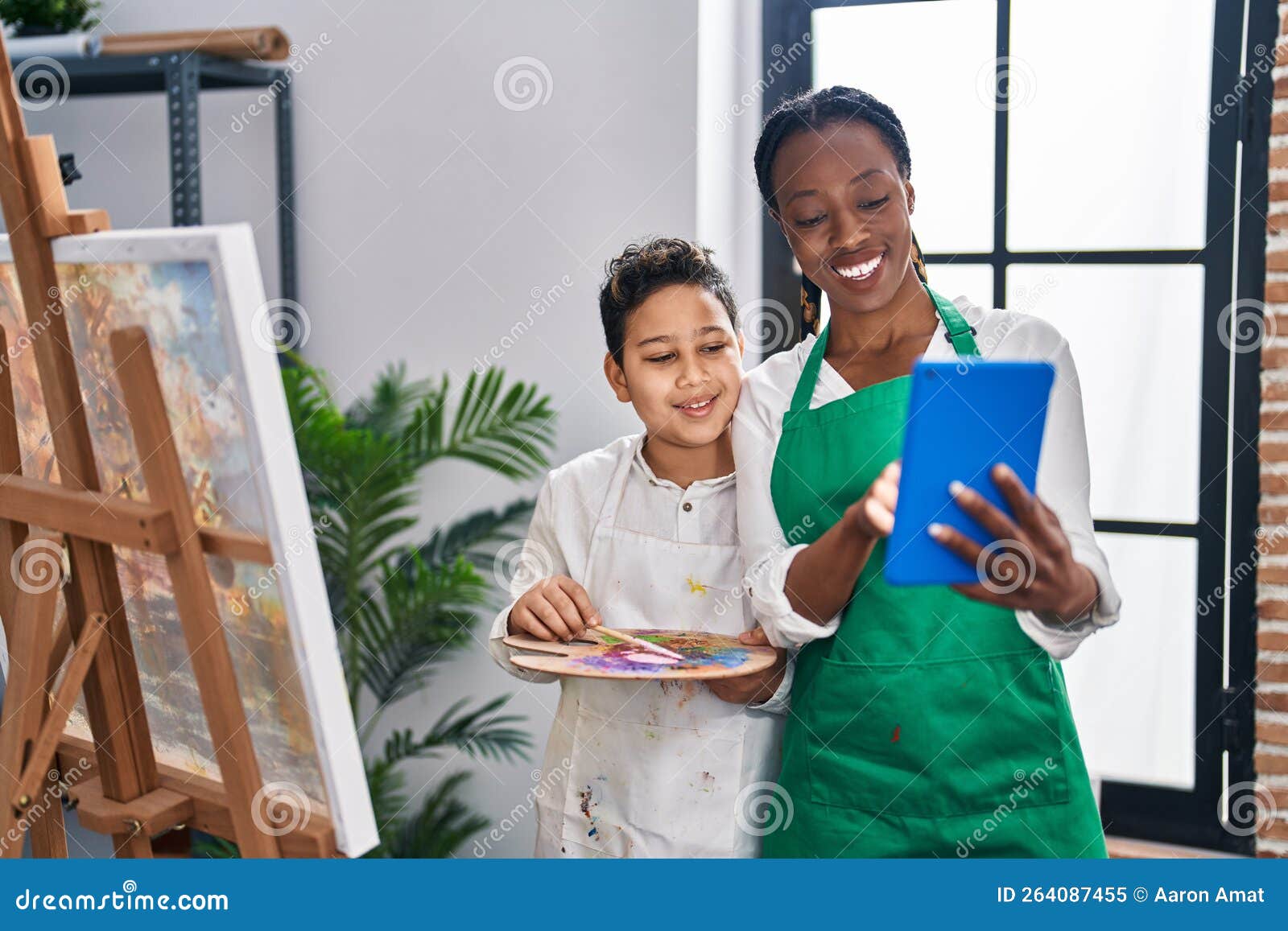 African American Mother and Son Art Student and Teacher Drawing and ...