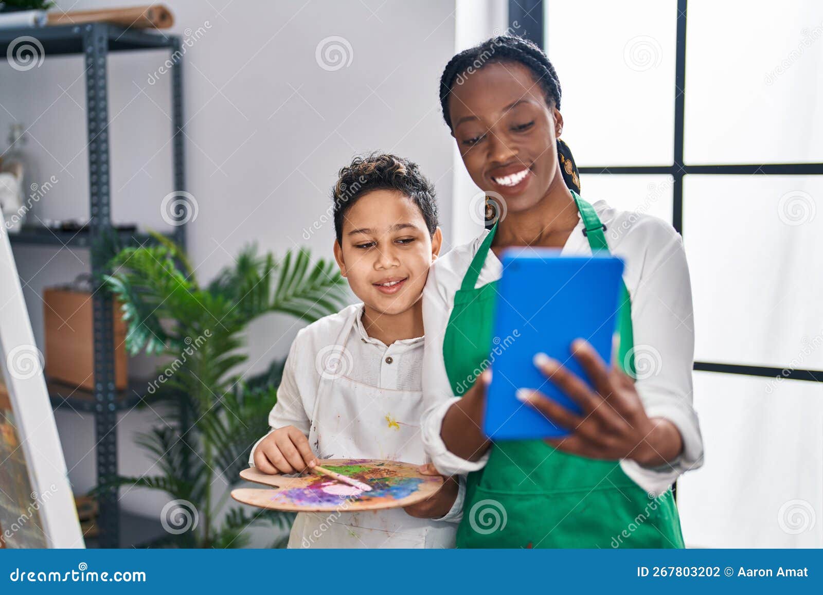 African American Mother and Son Art Student and Teacher Drawing and ...
