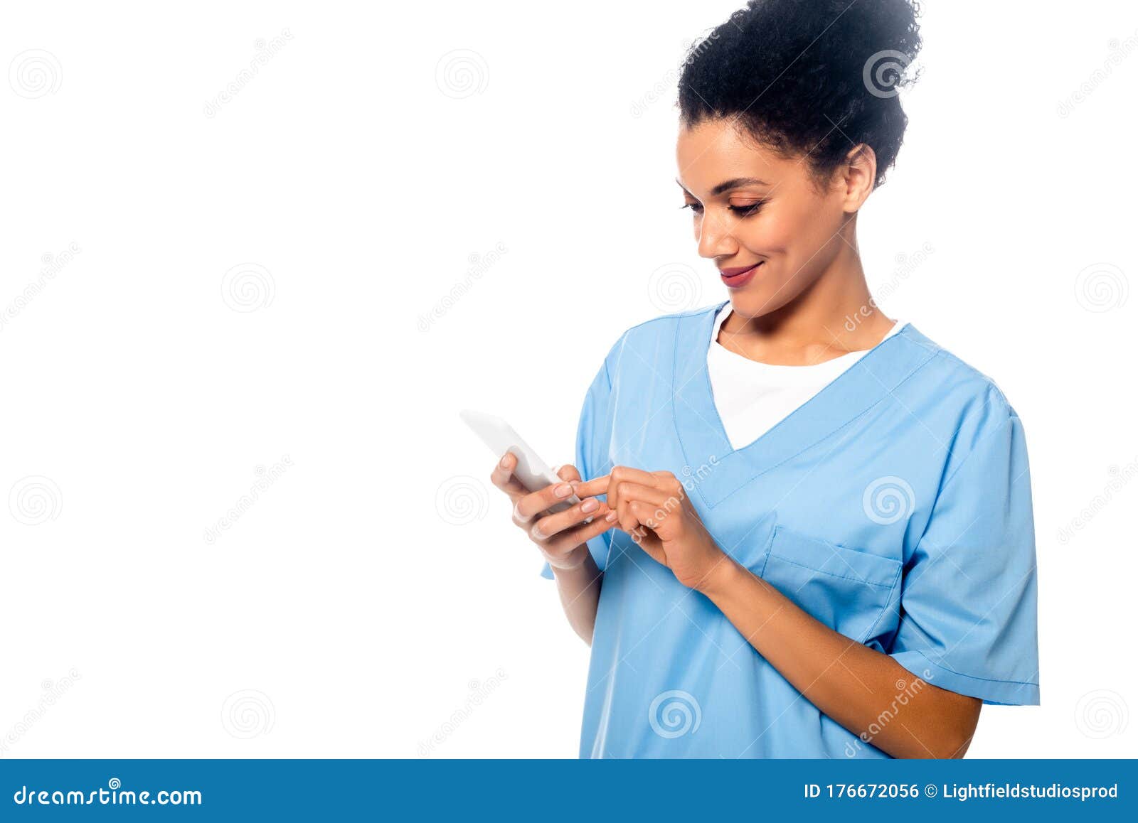 American Nurse Using Smartphone Isolated on Stock Photo - Image of ...