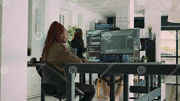 African American Programer Typing Source Code On Computer Stock Image 7070