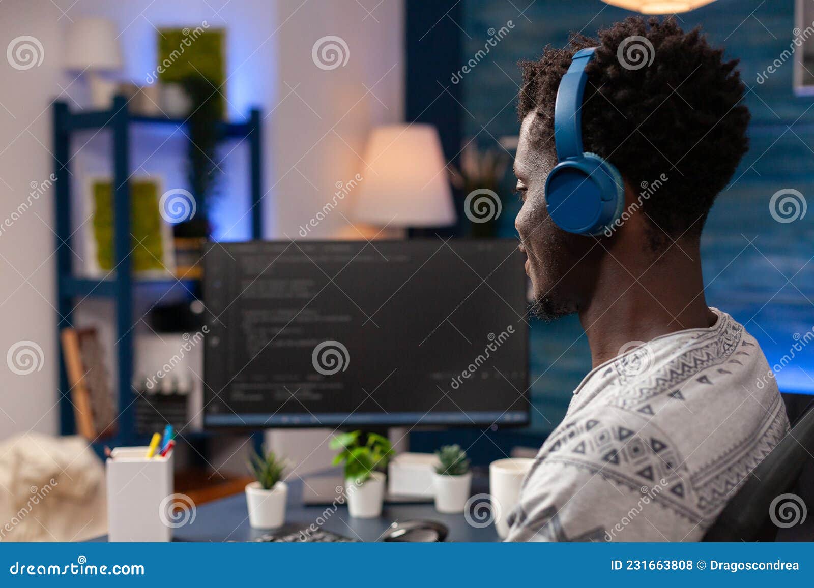 African American Programmer with Headset Programming Website Code Stock ...