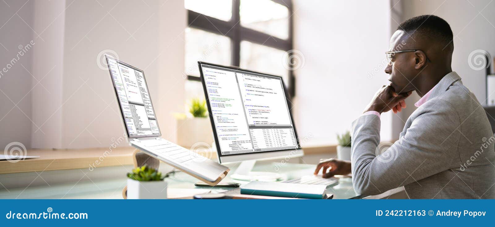 African American Programmer Man Coding Stock Image - Image of geek ...