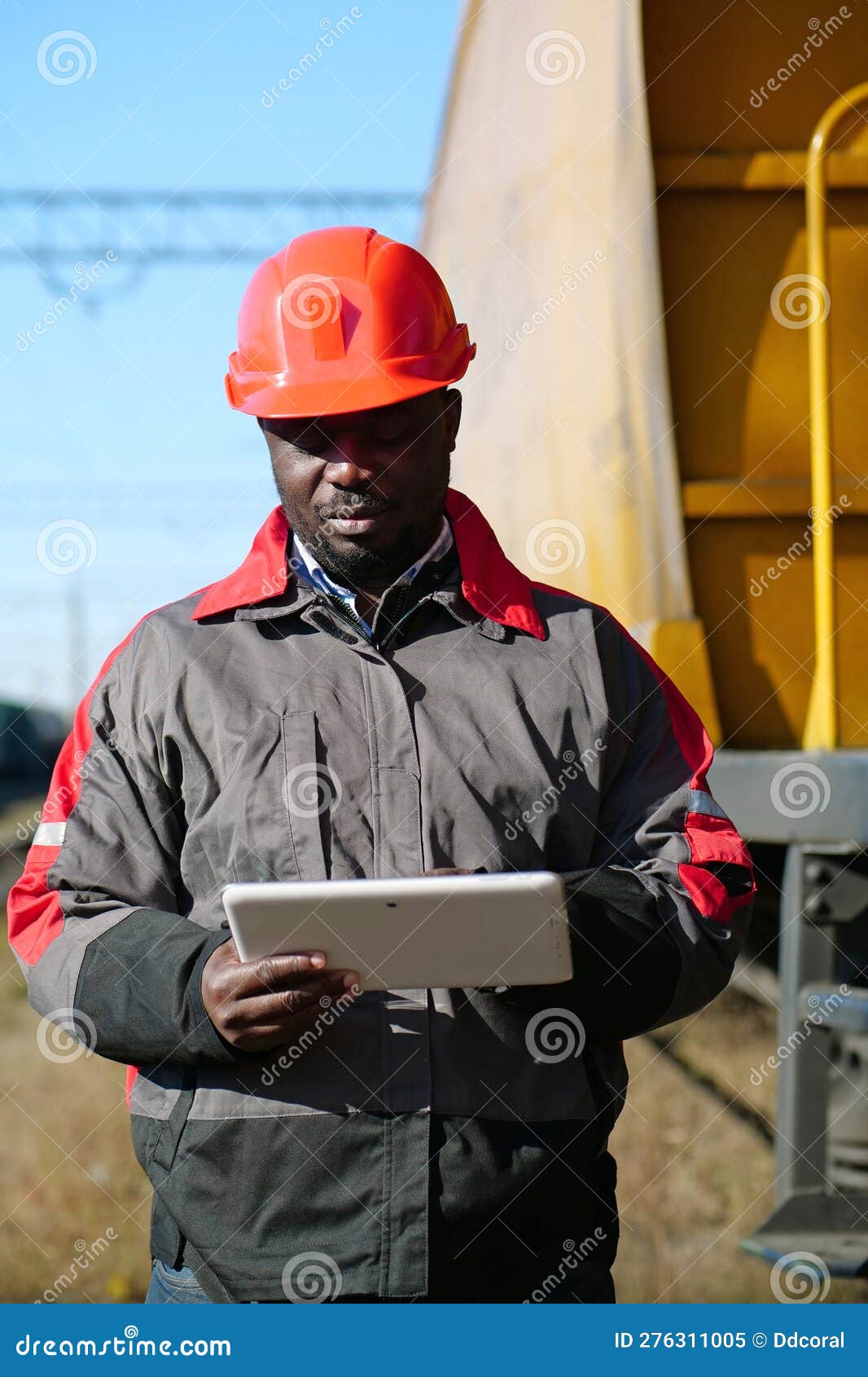 African American Railway Man with Tablet Computer at Freight Train ...