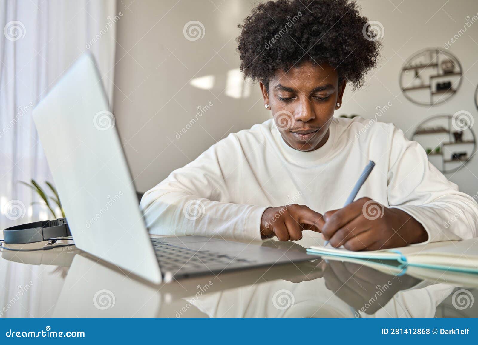 African American Student Elearning Virtual Study Class, Writing Notes ...