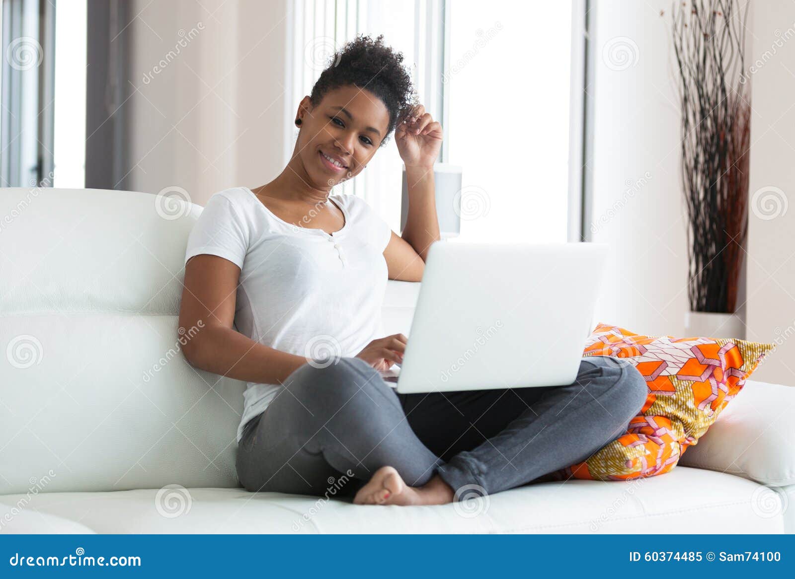 African American Student Girl Using a Laptop Computer - Black Pe Stock ...