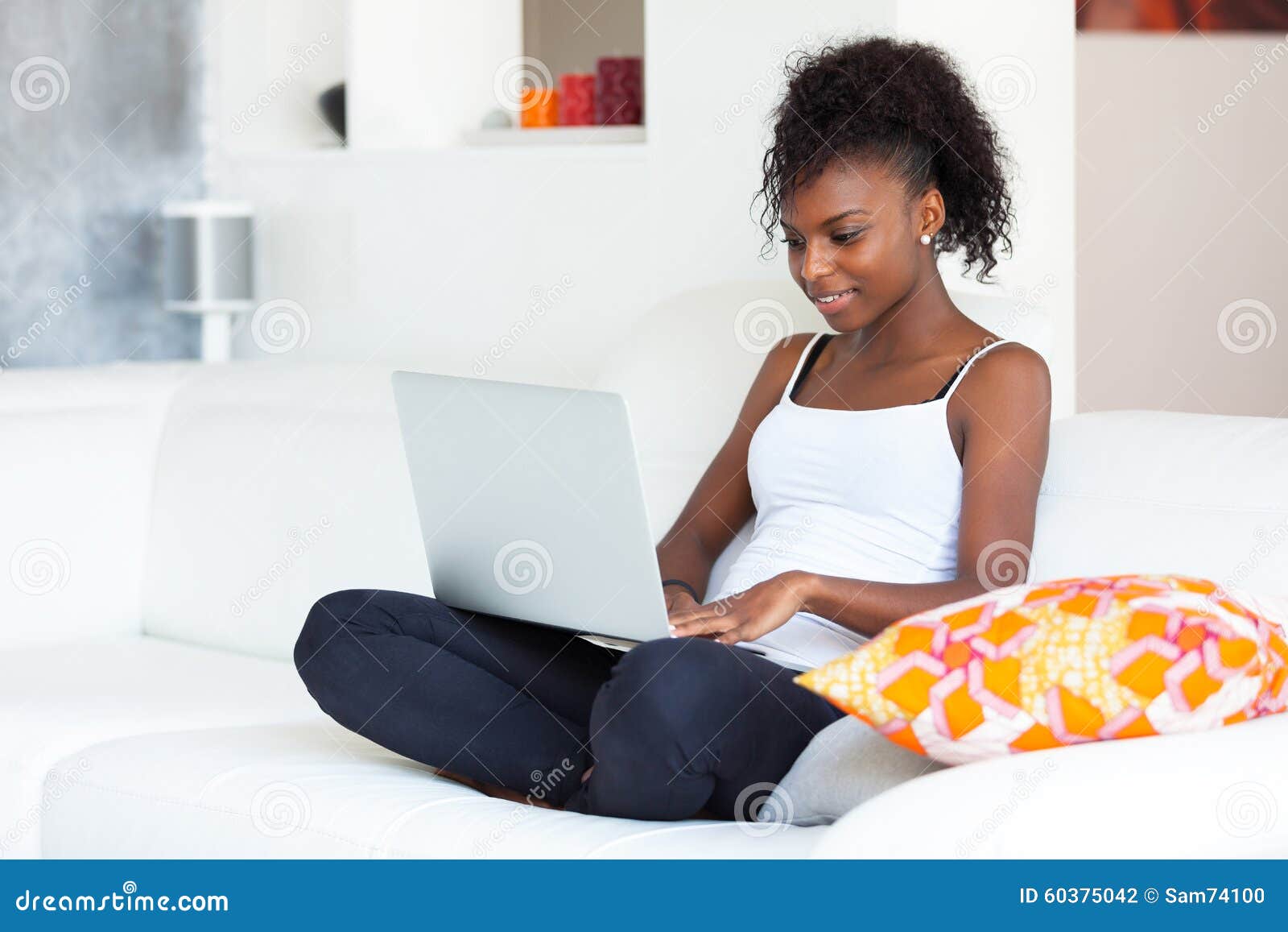 African American Student Girl Using a Laptop Computer - Black Pe Stock ...