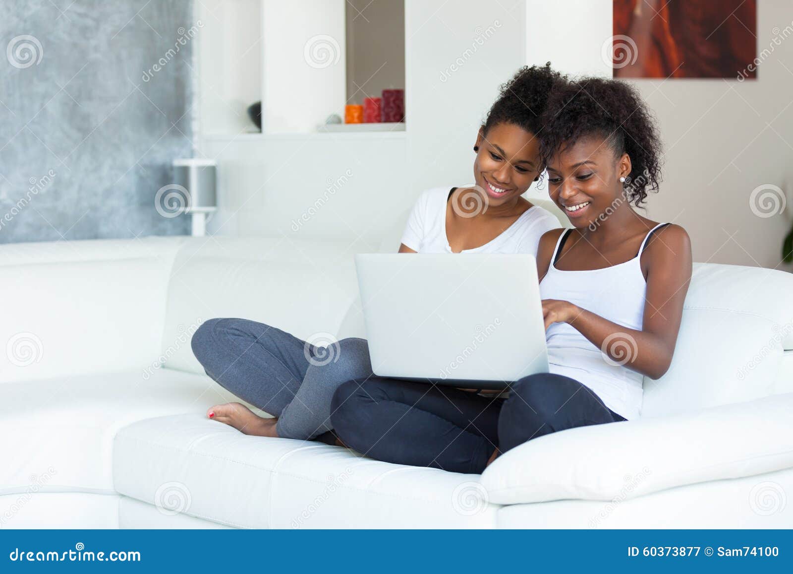 African American Student Girls Using a Laptop Computer - Black P Stock ...