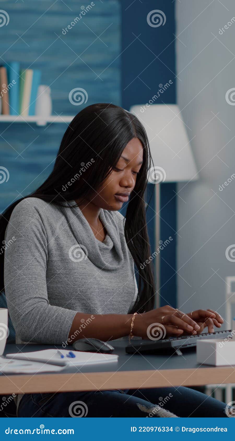 African American Student Sitting at Desk Table Start Typing Online ...