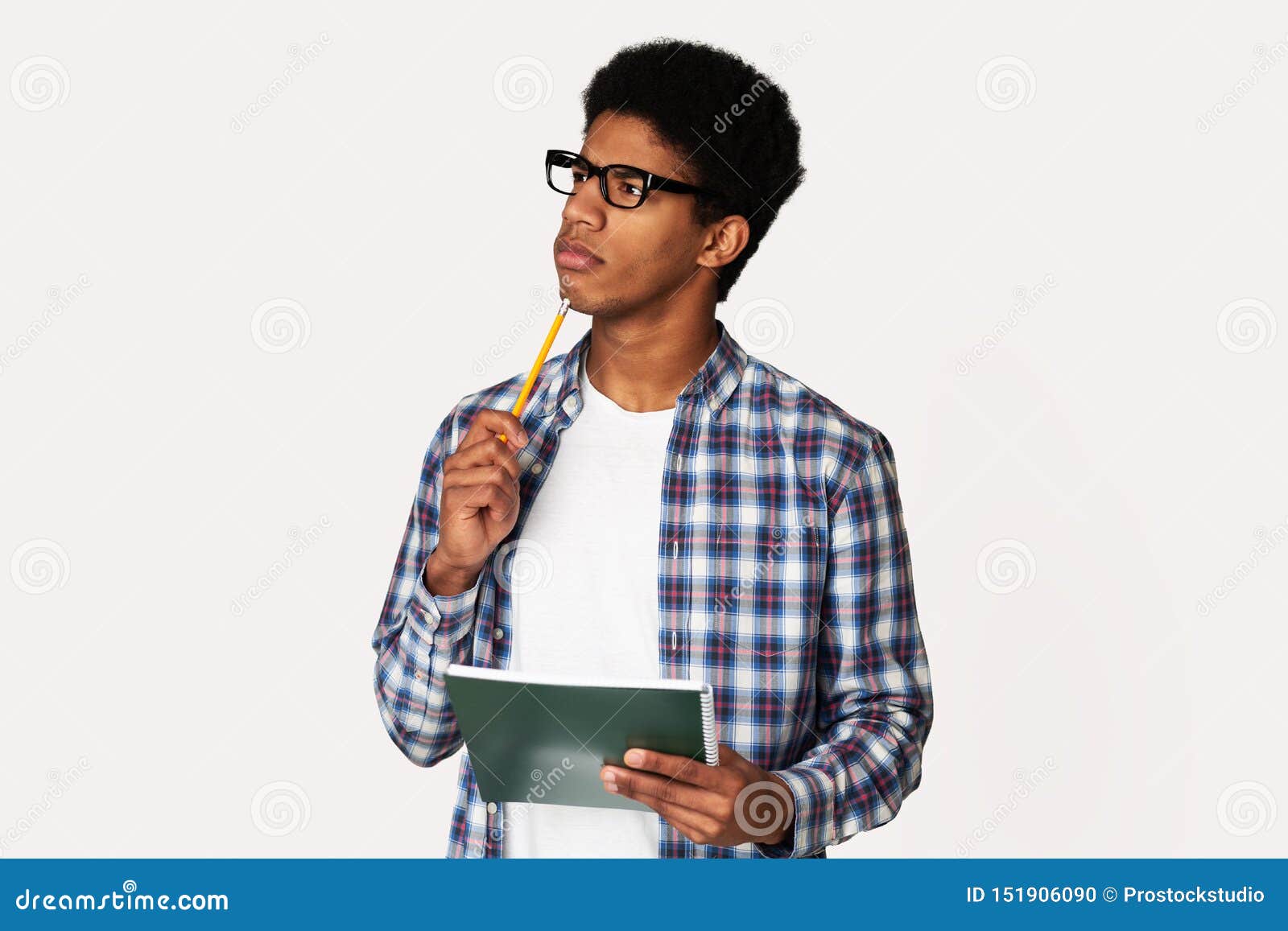 African-American Thoughtful Nerd Thinking about Test in Studio Stock ...