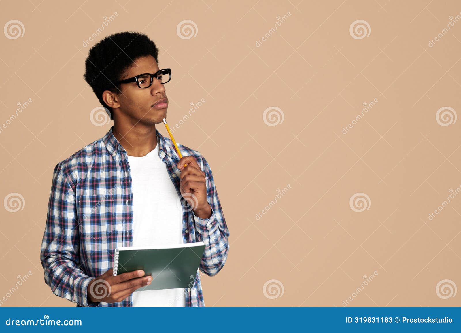 African-American Thoughtful Nerd Thinking about Test in Studio Stock ...
