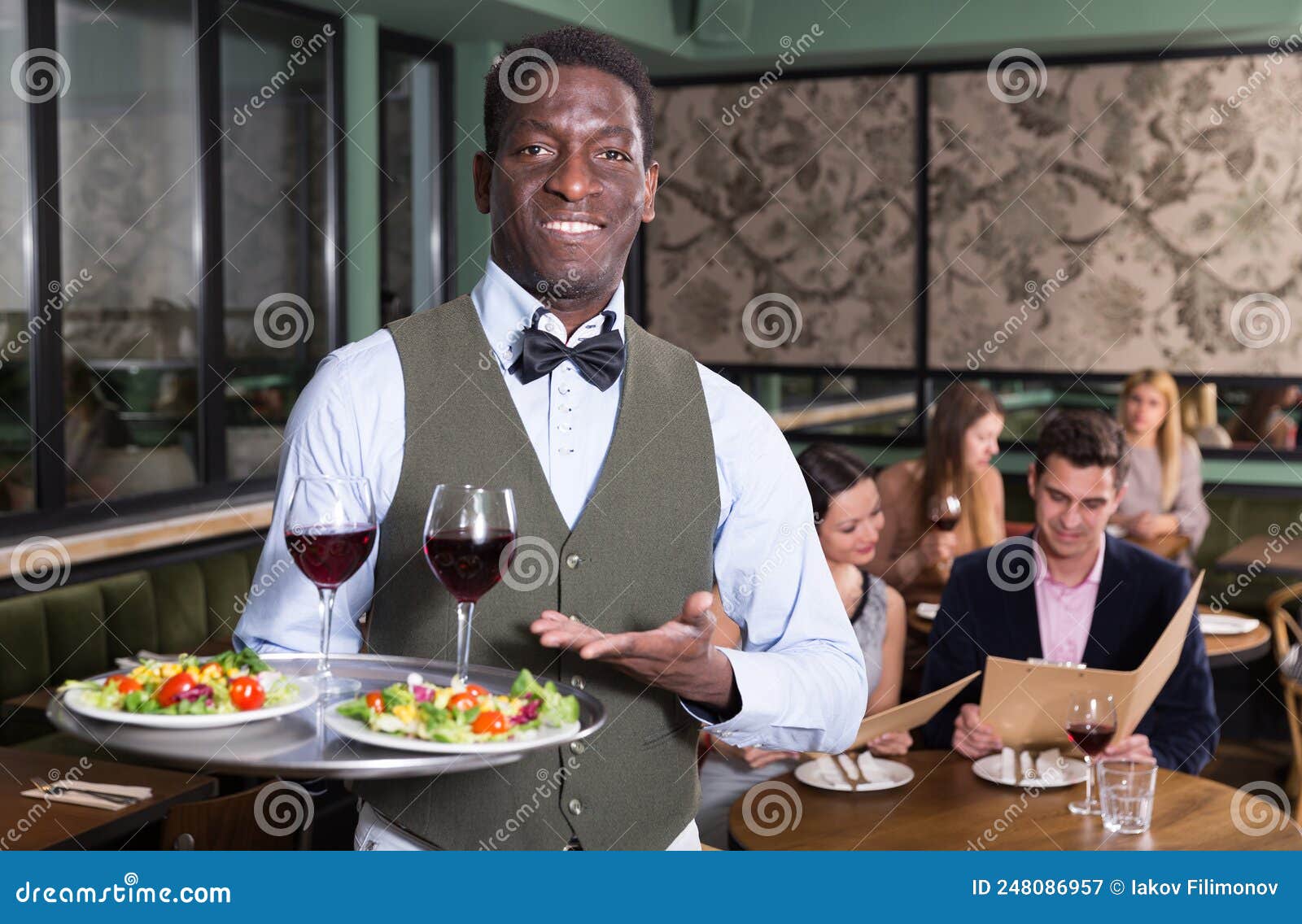 African American Waiter With Serving Tray Stock Image Image Of