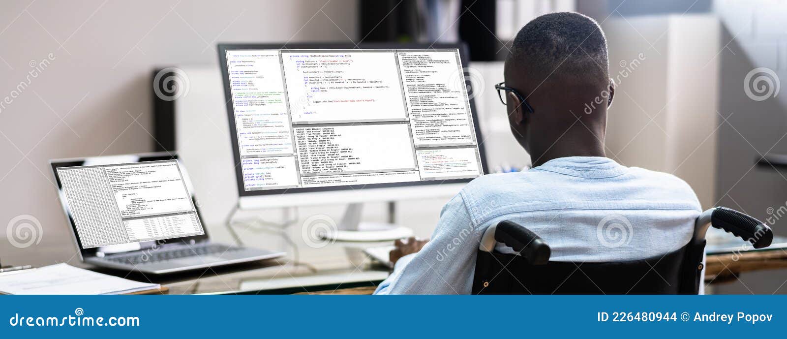 African American in Wheelchair Using Computer Stock Photo - Image of ...