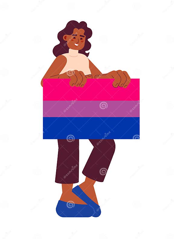 African American Woman With Bisexual Pride Flag Semi Flat Color Vector Character Stock Vector