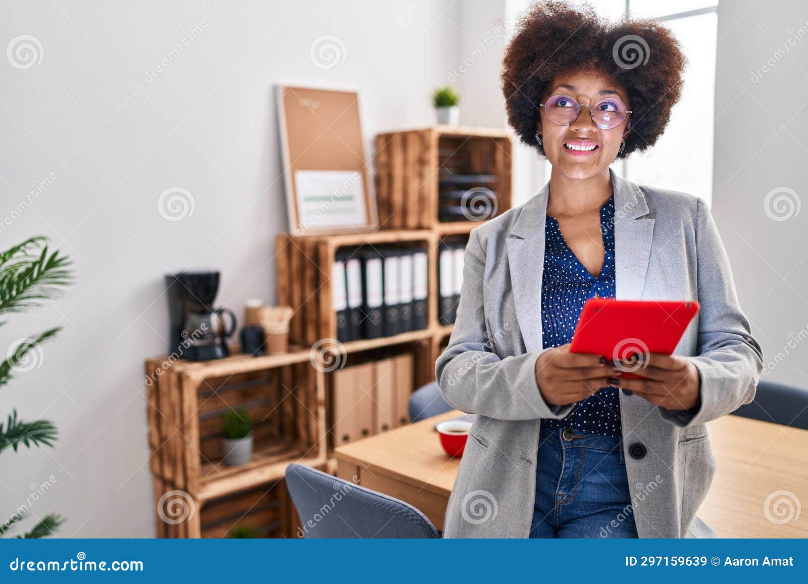 African American Woman Business Worker Using Touchpad Working at Office ...