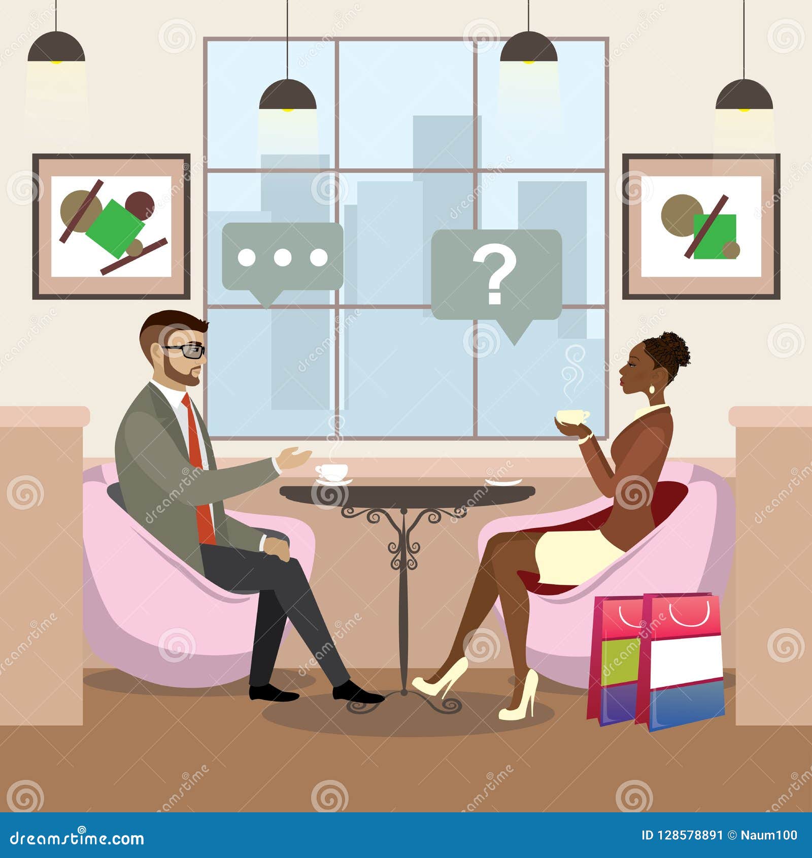 African American Woman And Caucasian Male Drinking Coffee And T Stock