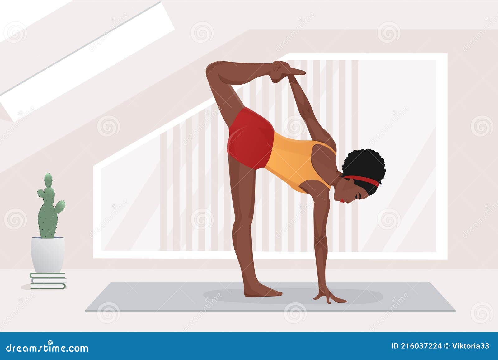 African American Woman Doing Yoga Exercises Practicing Stretching On
