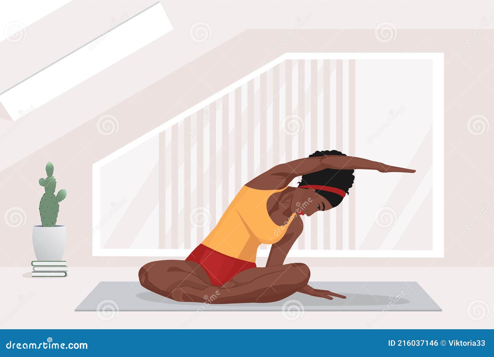 African American Woman Doing Yoga Exercises Practicing Stretching On