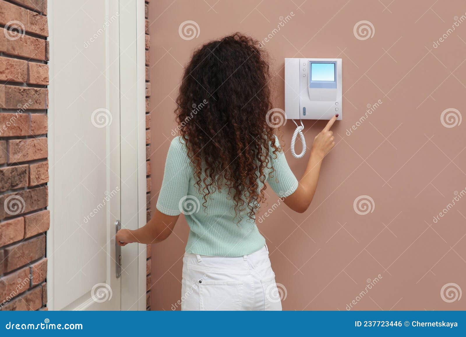 African-American Woman Pressing Button on Intercom Panel Indoors, Back ...