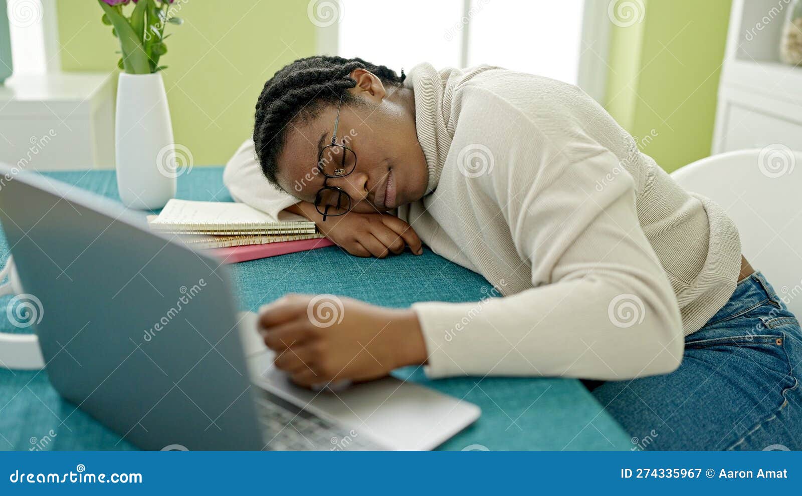 African American Woman Sleeping on Table at Dinning Room Stock Image ...