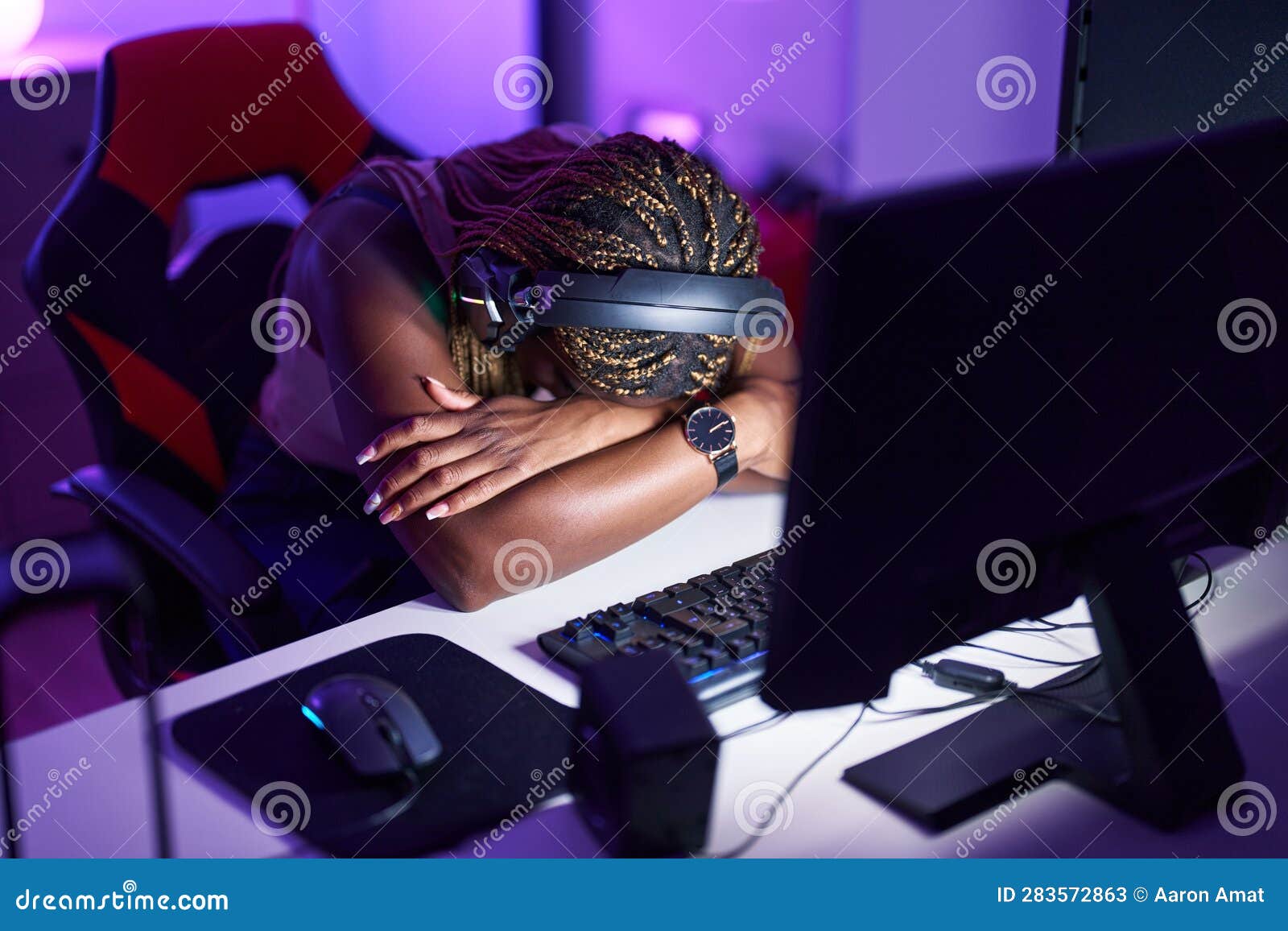 African American Woman Streamer Stressed Using Computer at Gaming Room ...