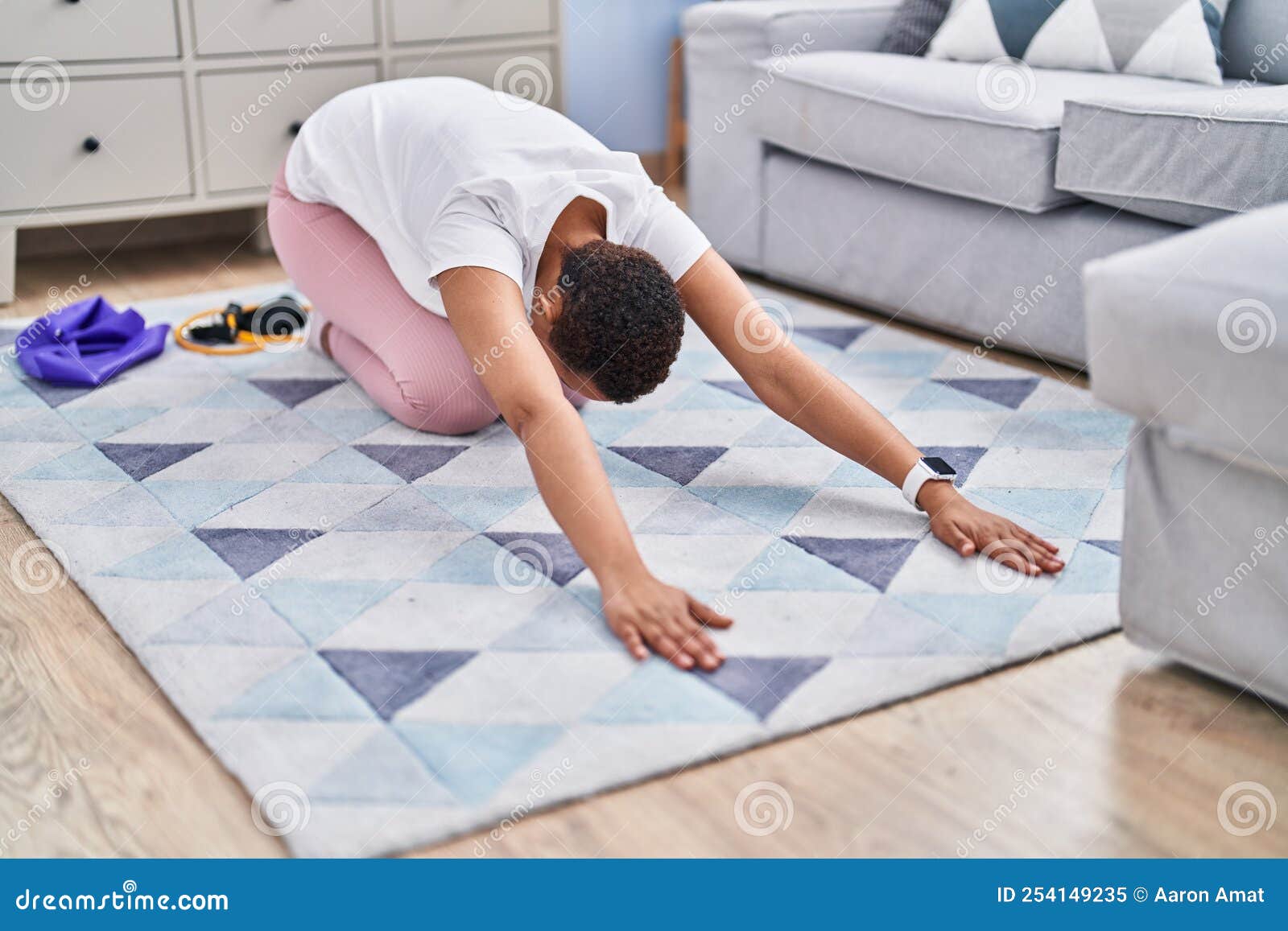 African American Woman Stretching Back at Home Stock Image - Image of ...