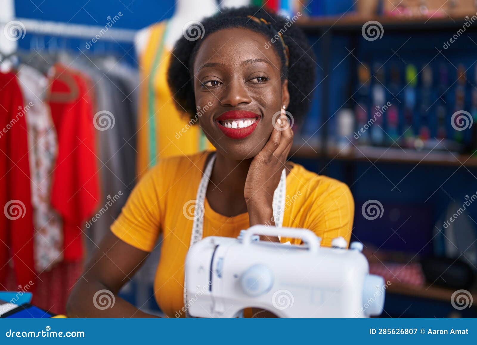African American Woman Tailor Smiling Confident Using Sewing Machine at ...