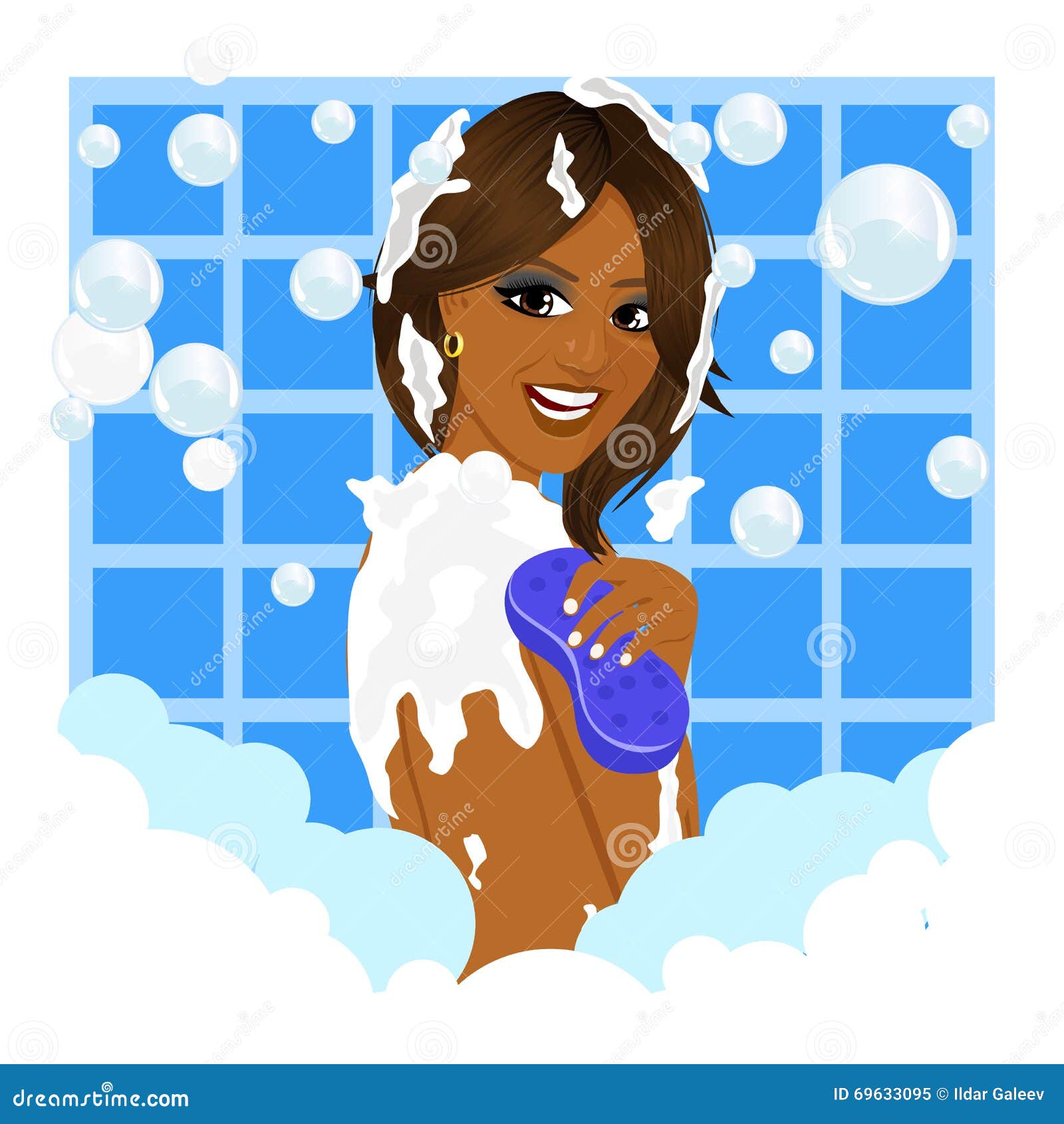 African American Woman Taking A Bath With Sponge And Bubble Foam Stock