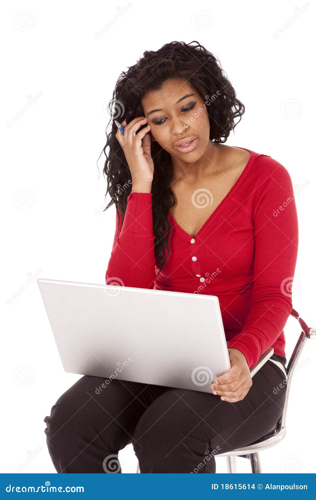 African American Woman Thinking Computer Stock Photo - Image of ...