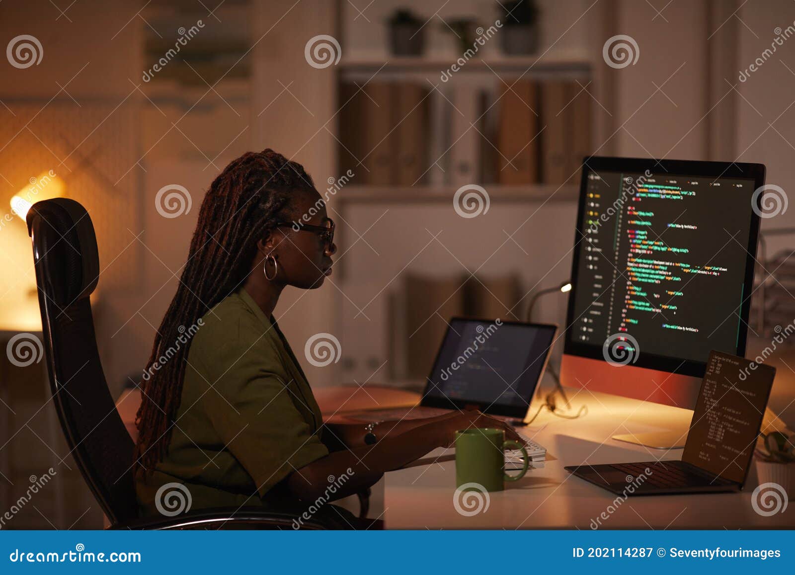 African-American Woman Writing Computer Code Stock Image - Image of ...