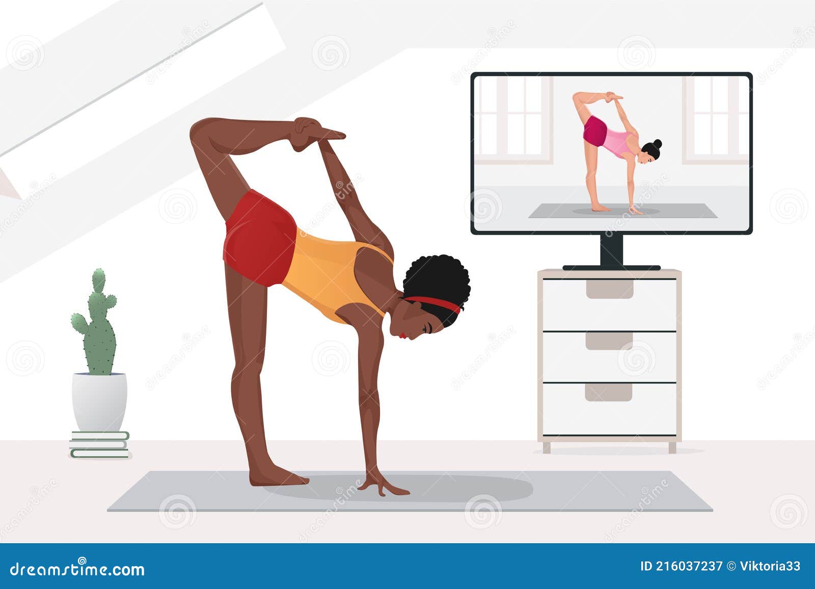 African American Woman Yoga Education Practicing Stretching At Home