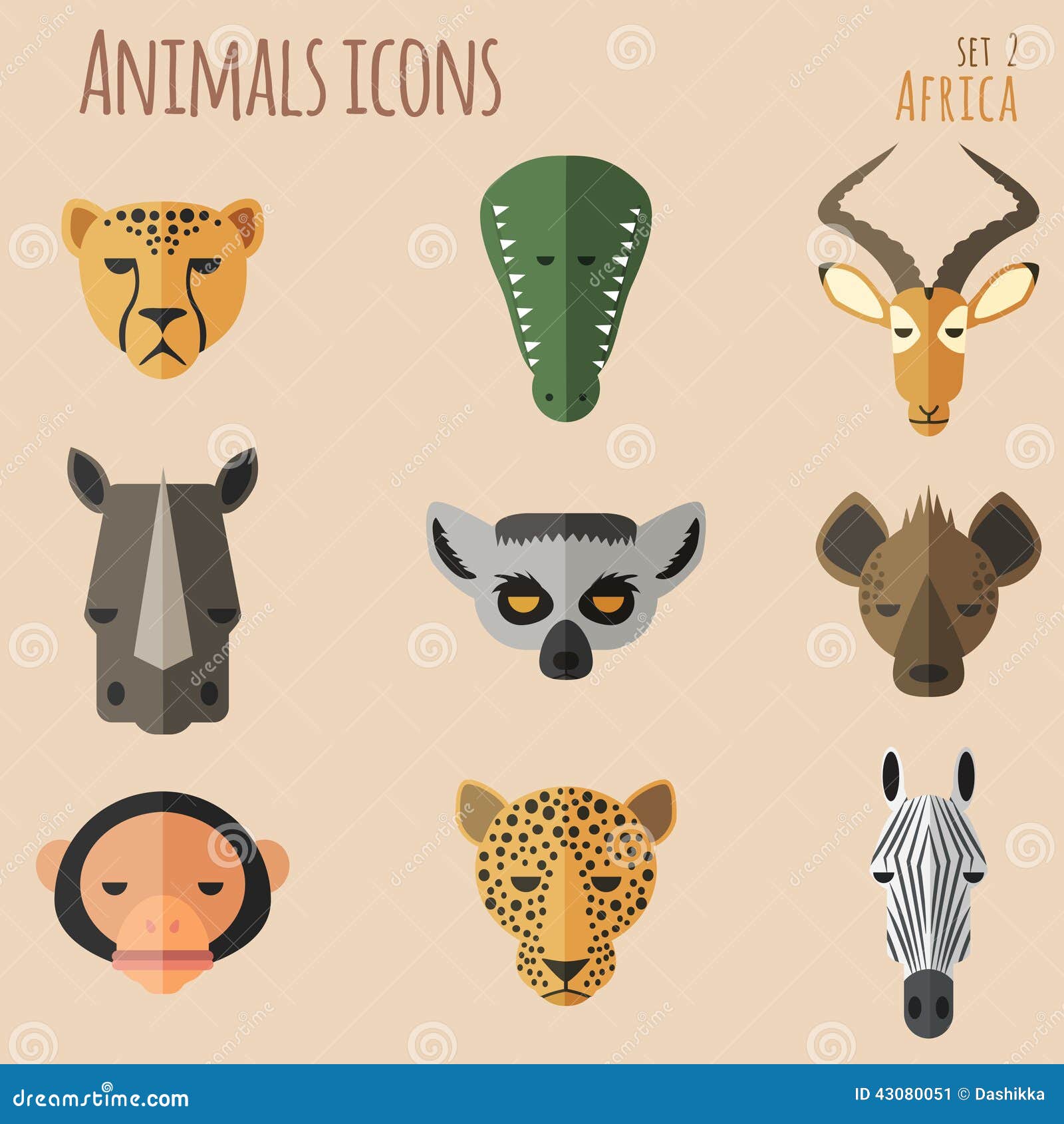 African Animal Portrait Set with Flat Design Stock Vector ...