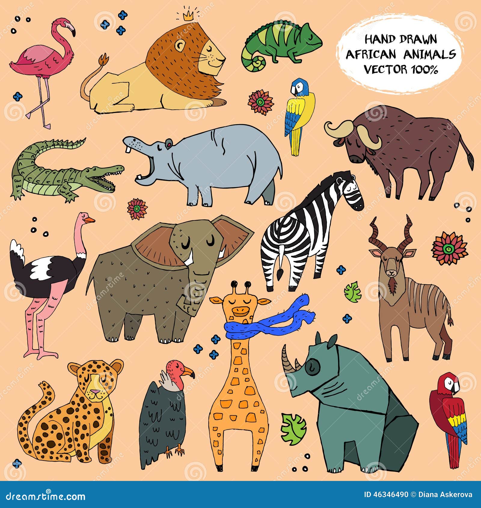 African Animals Hand Drawn Illustration Vector Set. Stock Vector ...