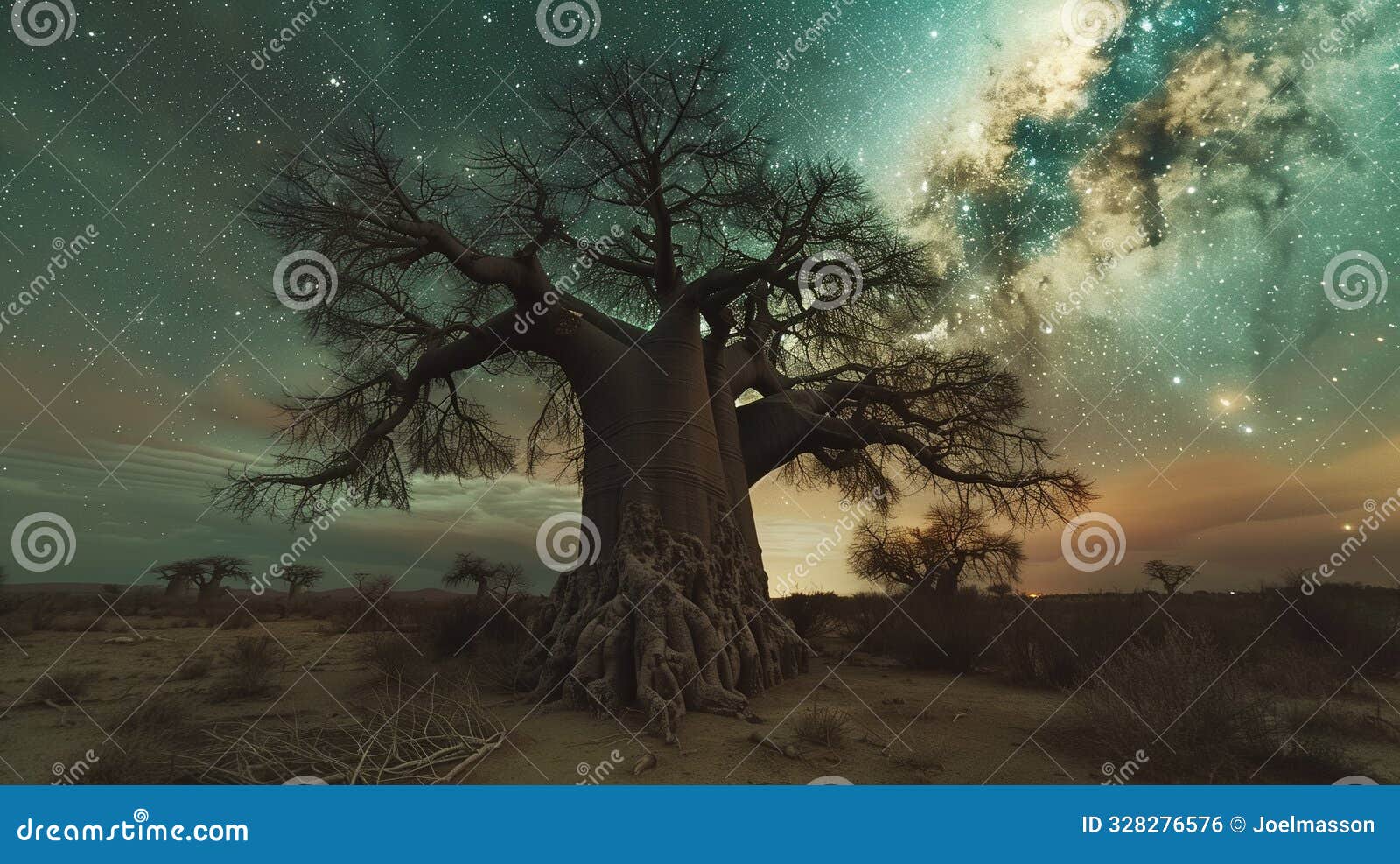 African Baobab Tree with a Starlit Milky Way Night Sky Stock ...