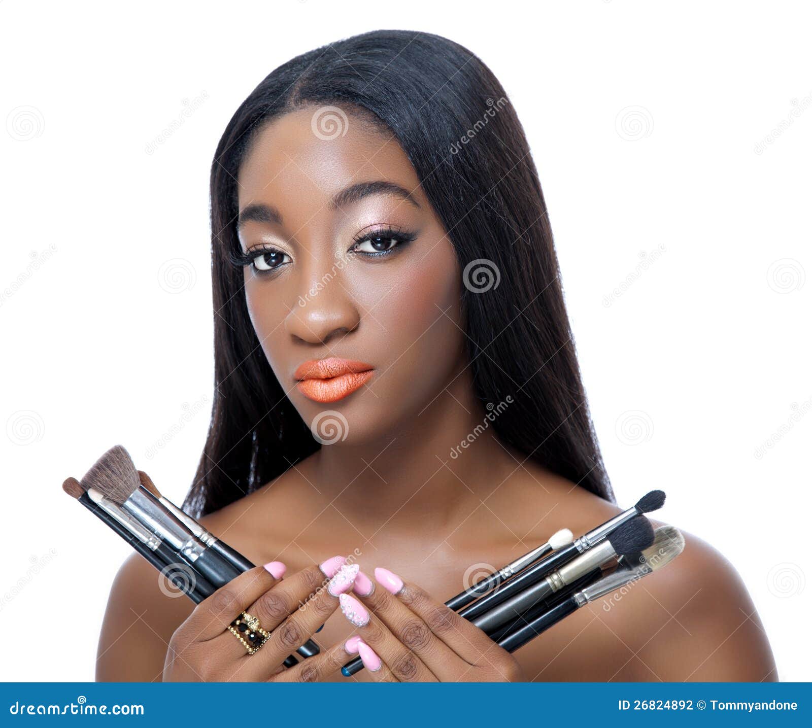 African Beauty Holding Make Up Brushes Stock Photo - Image of clean ...