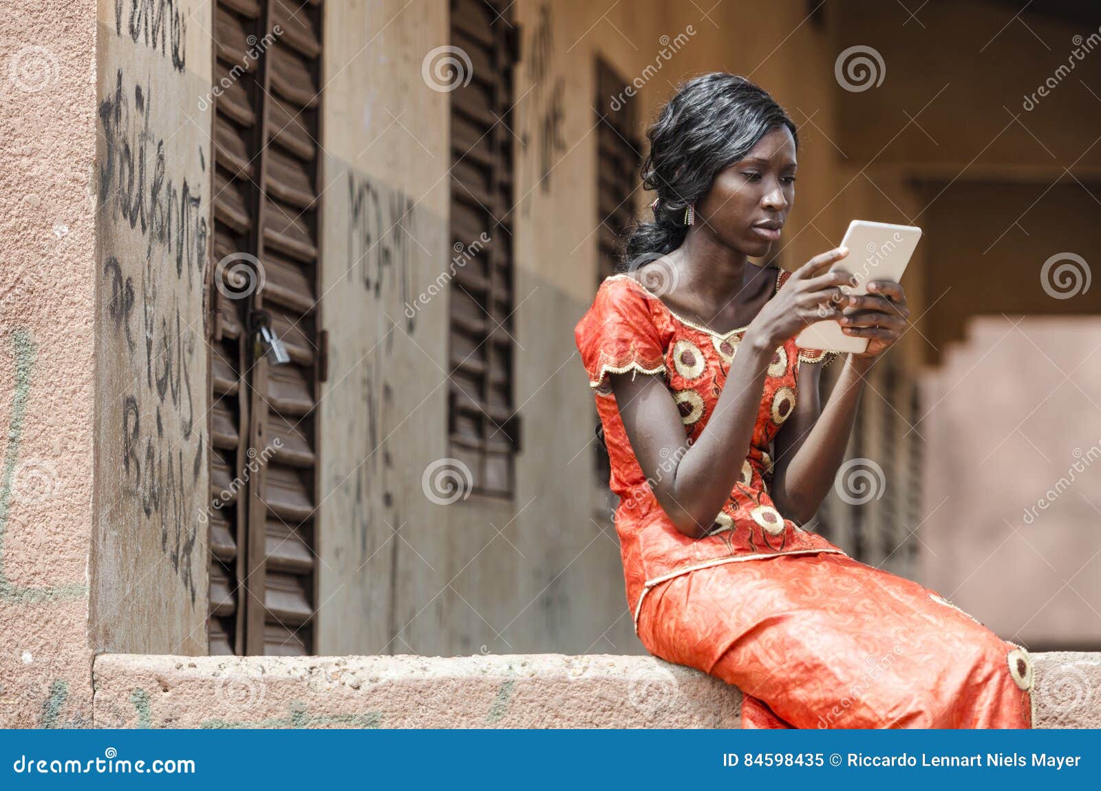 African Black Ethnicity Woman Reading on Tablet Computer Stock Image ...