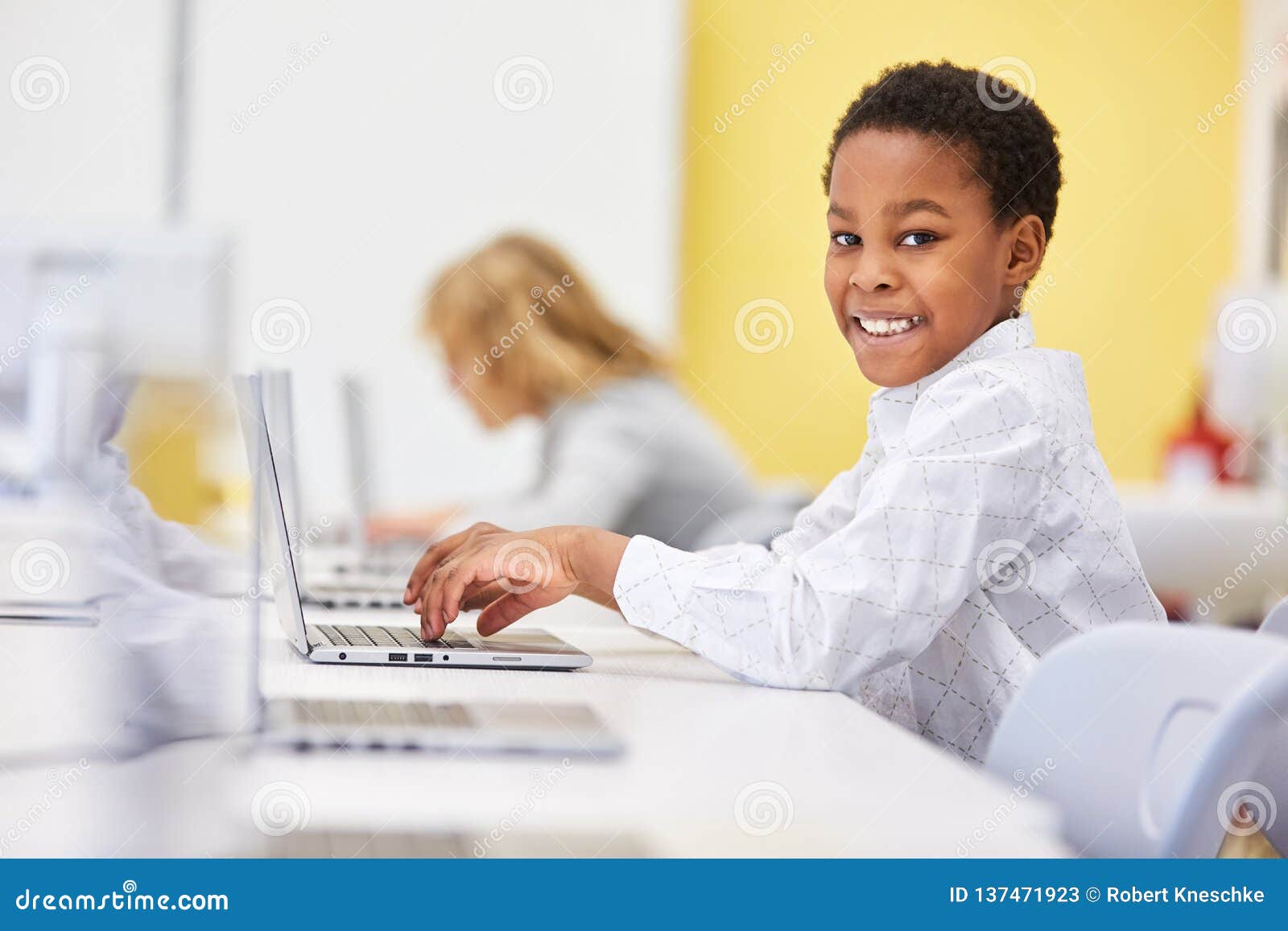 African Boy is Learning at the Laptop Stock Image - Image of media ...